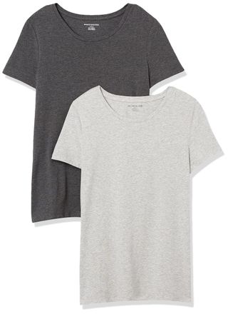 Amazon Essentials Damen T-Shirt mit kurzen Ärmeln und Rundhalsausschnitt in normaler Passform, 2er-Pack, Dunkelgrau Meliert/Hellgrau Meliert, XXL
