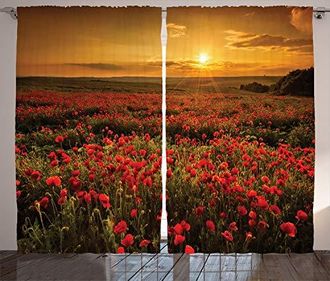 Abakuhaus Fleur Rideaux, Farmland Sunset Meadow, D&eacute;coration Int&eacute;rieure Accent Lot de 2 Panneaux, 280 x 245 cm, Souci &eacute;carlate