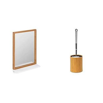 Relaxdays Wandspiegel mit Ablage, Badspiegel mit Rahmen, Natur/wei&szlig;, 54,5 x 38 x 12 cm & WC-B&uuml;rstenhalter Bambus H x B x T 33 x 10,4 x 10,4 cm Toilettenb&uuml;rste a