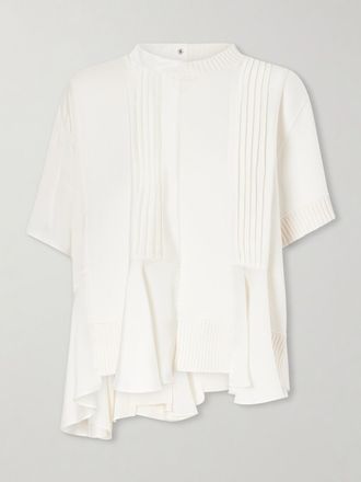 sacai Paneled Pleated Ruffled Chiffon And Cotton-blend Top - Neutrals