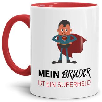 Tassendruck Spruch-Tasse Mein Bruder ist EIN Superheld Innen & Henkel Rot - Mug/Cup/Kaffeetasse/Becher/Lustig/Witzig/Familie/Geschenk-Idee/Fun/Beste Qualit&auml;t - 25