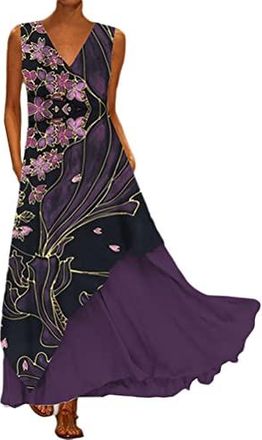 Onsoyours Robe Longue Femme Été Maxi Robe Élégant Vintage Imprimé Floral Boho Robe De Plage Cocktail Décontractée Casual Robe avec Poches Swing Dress Vacances P