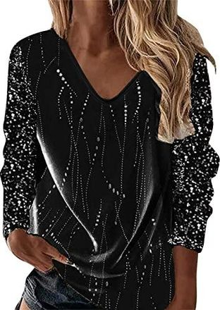 Generic Haut À Paillettes Femme Haut à Sequins Élégant Blouses Pailletté Chemisier Casual Manche Longues t-Shirt Lâche Tee Tops Soirée Club Fête Tops Décontra