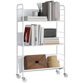 HOMCOM B&uuml;cherregal Mobiles Aufbewahrungsregal mit 3 Ebenen, R&auml;dern, rollbares Spielzeugregal aus Metall, B&uuml;cherschrank f&uuml;r Schlafzimmer, 69 x 26 x 108 cm, We