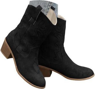 Generic Bottes de cowboy pour femme, coupe large, bottes de cowboy en daim brod&eacute;, bottes de cowgirl confortables &agrave; talon &eacute;pais brod&eacute;, bottes occidentales r&eacute;tr