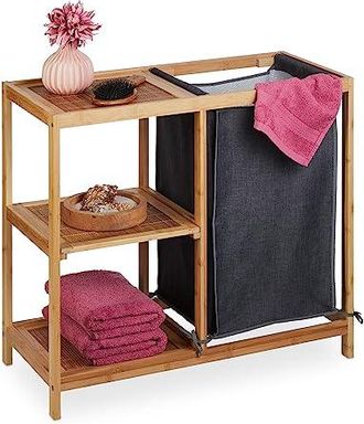 Relaxdays W&auml;schekorb Regal Bambus, 3 Ablagen, herausnehmbarer Stoffsack, HBT: 65x68x33 cm, W&auml;schesammler Bad, Natur/grau