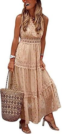 ORANDESIGNE Robe Casual Femme Été sans Manches Couleur Unie Taille Haute Sexy Robe Longue Col en V Profond Robe en Dentelle de Mousseline Impression Points Maxi R