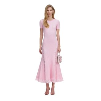 Self Portrait Femme, Robes, Rose, Taille: 40 FR Robe Midi en Maille avec Insertion en Dentelle