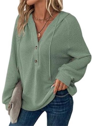 Generic Femmes Automne Hiver Mode Couleur Unie Manches Longues Col V Top avec Capuche Demi Boutonn&eacute; Cordon de Serrage Veste, Vert, 3XL