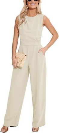 Cupshe Combinaison dété maxi col rond sans manches jambe large une pièce tenue dautomne poches ensemble ajusté maxi barboteuse décontractée, abricot, Medium