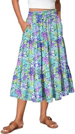 Generic Jupes Femme Boheme Chic et Elegant Jupe Madame Mi Longue Fluide Fleurie Robe Poche Ceinture Haute à Lacets