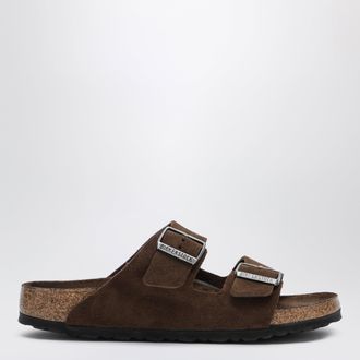 Birkenstock Braune Arizona Slides mit weichem Fu&szlig;bett aus Wildleder