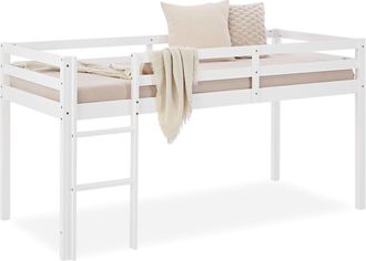 Homestyle4u Hochbett 90x200 Weiß Holz mit Treppe für Kinder Kinderbett mit Rausfallschutz Jugendbett Etagenbett Kiefer Massivholz | Artikel 1433