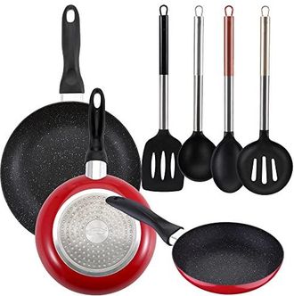 San Ignacio Packung mit 3 Bratpfannen, Durchmesser 16 cm, Durchmesser 20 cm, Durchmesser 24 cm, 4 Stück Küchenhelfer aus Nylon