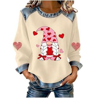 Generic Sweat-shirt &agrave; manches longues en denim pour femme - Motif coeur - Patchwork - Pull l&eacute;ger &agrave; manches longues - Col rond - Pull d&eacute;contract&eacute;, beige, 3XL