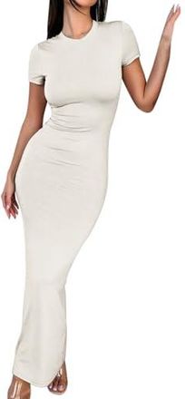 Generic Robe d&eacute;t&eacute; longue pour femme - Robe fourreau moulante - Robe d&eacute;t&eacute; moulante - Robe maxi - Noir - Manches courtes - Blanc - Robe longue &eacute;l&eacute;gante pour fem