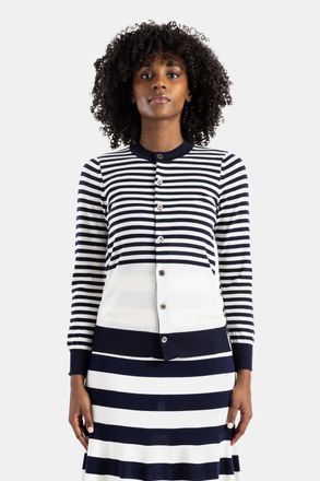 Junya Watanabe Womens Striped Round-Neck Cardigan Black And White Blue Sweater