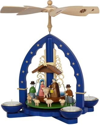 Rudolphs Schatzkiste Pyramide Christi Geburt blau f&uuml;r Teelichte und Kerzen H&ouml;he 27cm NEU Teelichtpyramide Weihnachtspyramide Holzpyramide Tischdekoration Dekoration Weihna