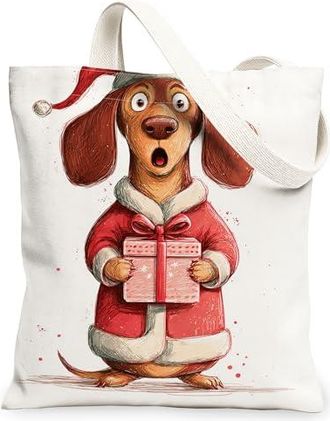 Generic Sac fourre-tout en toile motif chien de No&euml;l, sacs d&eacute;picerie r&eacute;utilisables, l&eacute;gers et festifs, lavables avec bandouli&egrave;re, blanc, 13x15 Inch