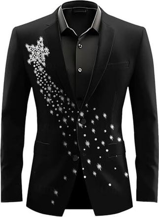 Generic Ensemble blazer et pantalon &agrave; un bouton pour homme avec perles imprim&eacute;es &eacute;toiles scintillantes - Costume de smoking formel coupe ajust&eacute;e, Noir, XL