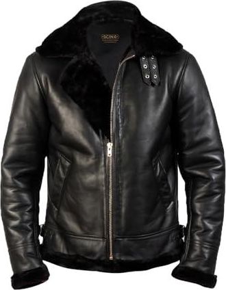 Generic Blouson bomber en cuir B3 pour homme, Noir avec fourrure noire, XXL