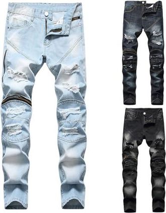 Generic Jean d&eacute;chir&eacute; pour homme, coupe ajust&eacute;e, extensible, coupe ajust&eacute;e, coupe droite, d&eacute;contract&eacute;, avec trous, confortable, design us&eacute;, taille flexible, bl