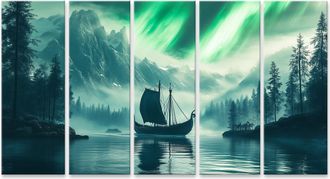 Islandburner Bild auf Leinwand Nordlichter &Uuml;ber Einem Wikinger Schiff Bilder Wandbilder Poster