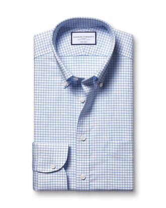 CHARLES TYRWHITT B&uuml;gelfreies Stretch-Oxfordhemd mit Karos - Kornblumenblau Knopfmanschette