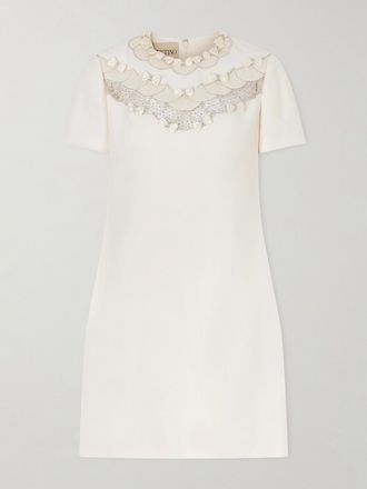 Valentino Garavani Robe Midi En Cr&ecirc;pe &Agrave; Finitions En Tulle Et &Agrave; Cristaux - Ivoire