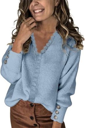 Generic Pull d&eacute;contract&eacute; en dentelle et col en V pour femme - Couleur unie - L&eacute;ger - Pour un usage quotidien, bleu clair, L