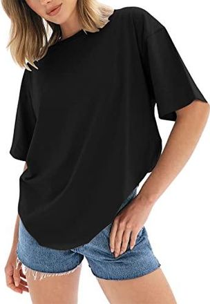 Generic T-shirt pour femme surdimensionn&eacute; pour femme, coupe ample, col rond, haut &agrave; manches courtes, chemisier d&eacute;t&eacute; d&eacute;contract&eacute;, t-shirt basique, Noir, XXL