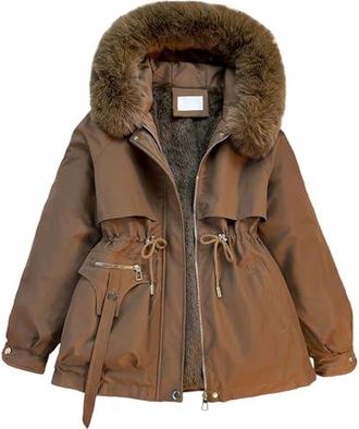Generic Manteau dhiver &eacute;pais pour femme avec doublure en polaire chaude matelass&eacute;e imperm&eacute;able avec capuche en fausse fourrure, caf&eacute;, 3XL