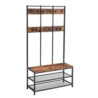 Vasagle Gro&szlig;er Kleiderst&auml;nder, Eingangsm&ouml;bel mit 12 Haken und Schuhbank, industrieller Stil, Garderobe, Regal, f&uuml;r B&uuml;ro, Schlafzimmer, Stahlrahmen, rustikales