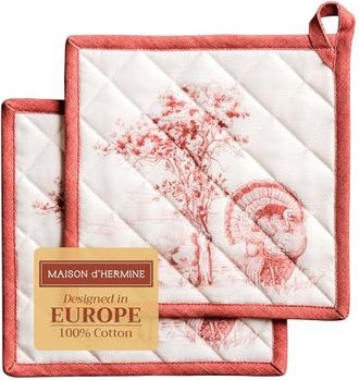 Maison d'Hermine Holy Jouy Lot de 2 maniques - 100% Coton - pour Barbecue, Cuisson, Four à Micro-Ondes, Barbecue, Thanksgiving/Noël (Red, 20cm x 20cm)
