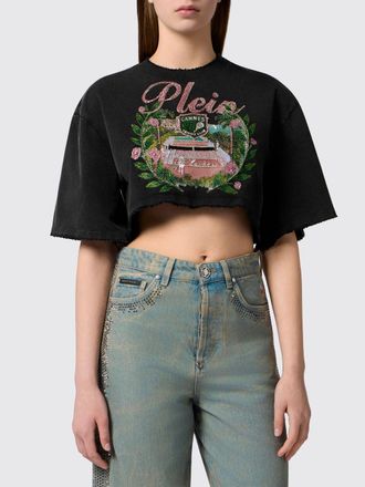 Philipp Plein T-shirt cropped en coton avec logo jacquard et ourlet effrang&eacute;