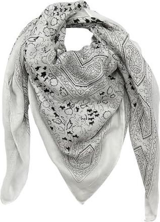 Freak Scene Echarpe en coton motif indien 1 blanc noir fleurs noires tissu carr&eacute;