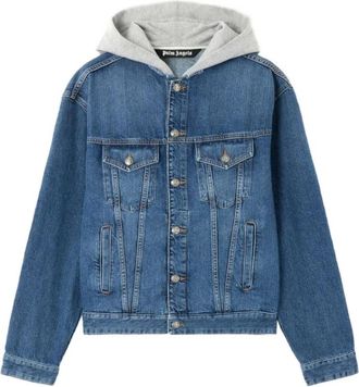 Palm Angels Homme, Vestes, Bleu, Taille: S Curved Logo Denim Jacket