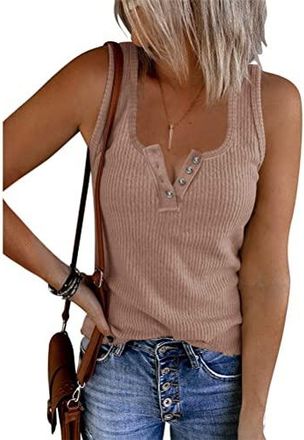 ORANDESIGNE Débardeur dété pour Femme Couleur Unie Col en V sans Manches Débardeur Ample T-Shirt à Boutons Couleur Unie Décontracté Coupe ajustée E Rose S