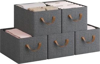 Woltu Bo&icirc;te de Rangement Pliable, Lot de 5 Paniers de Rangement en Tissu Non-Tiss&eacute;, avec Poign&eacute;es, pour V&ecirc;tements et Jouets, Gris,37,5x20x26 cm