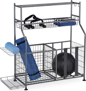 Relaxdays Sportgeräte Aufbewahrung, Metall, Regal für Sportutensilien & Bälle, HBT: 111 x 118 x 42 cm, Ballregal, grau