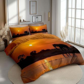 Generic Bettwäsche Set Landschaft Elefant Sonnenuntergang Orange Schwarz, Weich Und Angenehm Bügelfrei Knitterfrei Bettbezug Set Mit 80X80 cm Kissenbezug 3Er 