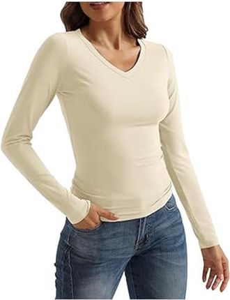 Generic Tee Shirt Manche Longue Femme Col V, Haut Moulant Slim Fit Top Sexy Extensibles Couleur Unie Tunique Pas Cher D&eacute;Contract&eacute; Pullover Chic Et &Eacute;L&eacute;Gant pou