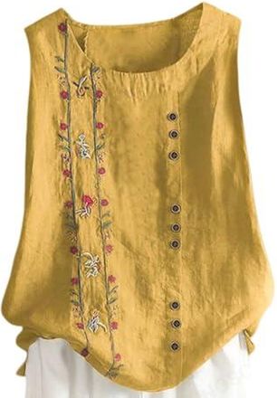 Generic Haut sans manches brod&eacute; boutonn&eacute; sur le devant pour femme - Coupe ample - L&eacute;ger - Pour le quotidien, les vacances, les voyages, jaune, 3XL