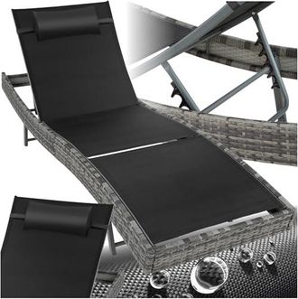 TecTake Chaise Longue Bain de Soleil en Résine Tréssée, Résistant Dossier Inclinable sur 6 positions, Appuie-tête inclus Transat Salon de jardin exterieur Mob