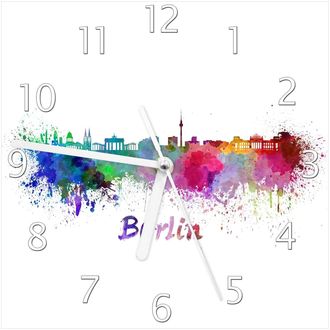 Wallario Design-Wanduhr Städte als Aquarell - Skyline von Berlin aus Glas, Motiv-Uhr Größe 20 x 20 cm, weiße Zeiger