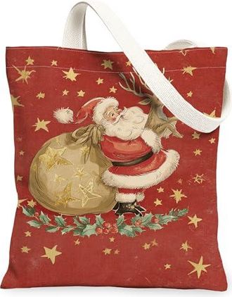 Generic Sacs fourre-tout r&eacute;utilisables en toile avec motif P&egrave;re No&euml;l - L&eacute;gers et lavables - Avec bandouli&egrave;re, Rouge, 13x15 Inch