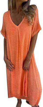 Generic Robe de plage longue en lin pour femme - Col en V - &Eacute;l&eacute;gante robe d&eacute;t&eacute; l&eacute;g&egrave;re - Manches courtes - Robe d&eacute;contract&eacute;e - Couleur unie - Robe chemisier - 
