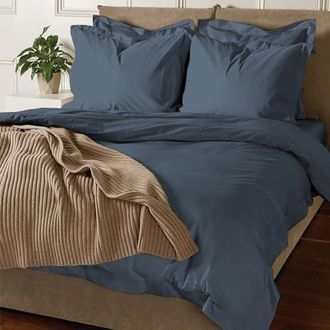 Pizuna Coton Luxueux Ensemble de Housses de Couette 200x220 cm 2 Personnes Bleu fonc&eacute;, Tissu de Satin de Coton &agrave; 800 Fils au Pouce carr&eacute; Housse de Couette Re