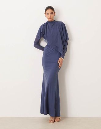 Asos Robe longue en mousseline stretch à détail cape - Bleu