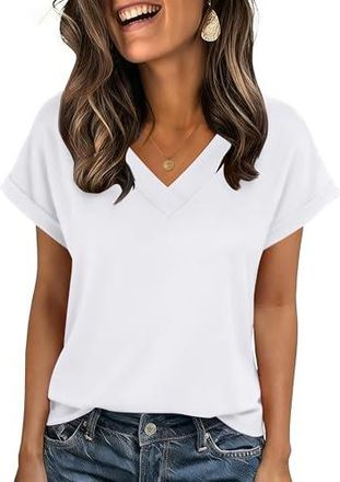 Zeagoo T-shirt pour femme - Col en V - Manches courtes - &Eacute;l&eacute;gant - D&eacute;contract&eacute; - Couleur unie - Tailles S &agrave; 2XL, Blanc., S